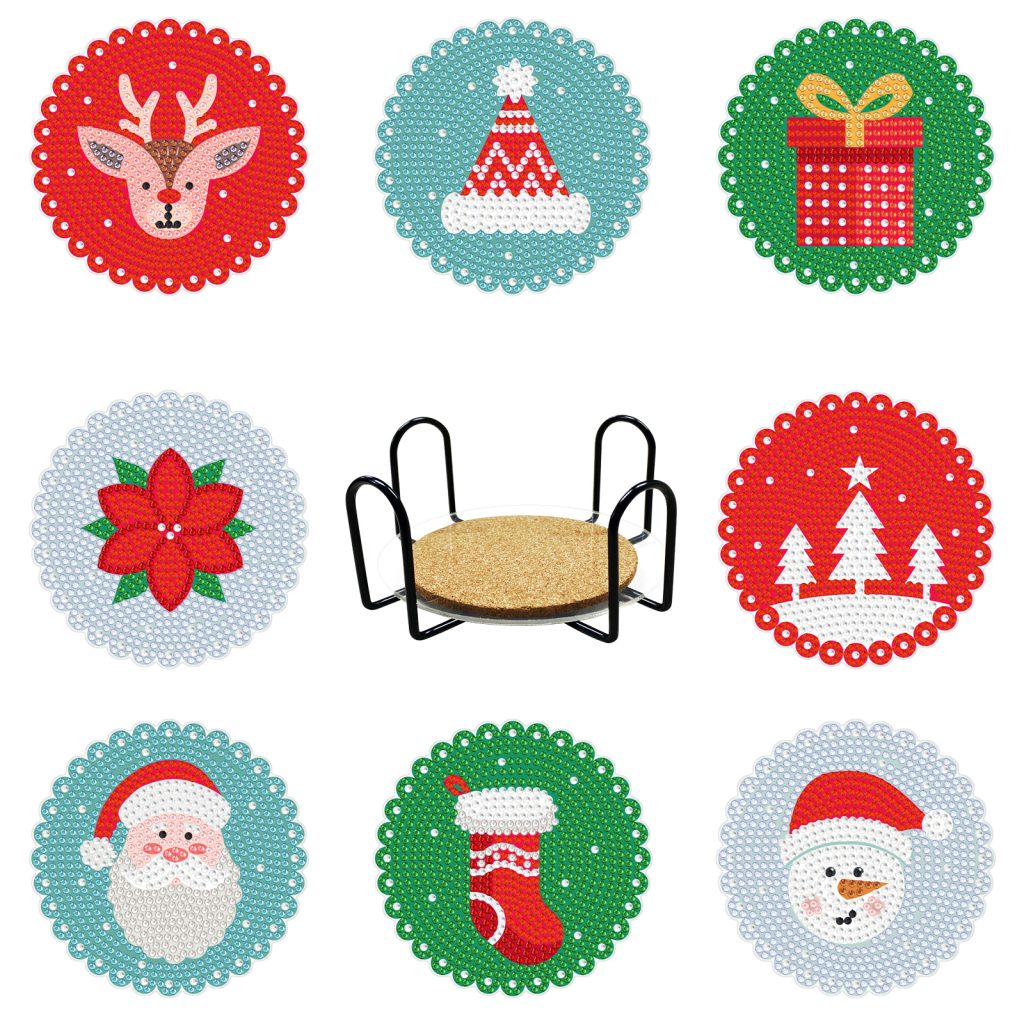Christmas Coasters (set A) Set of 8 with Holder